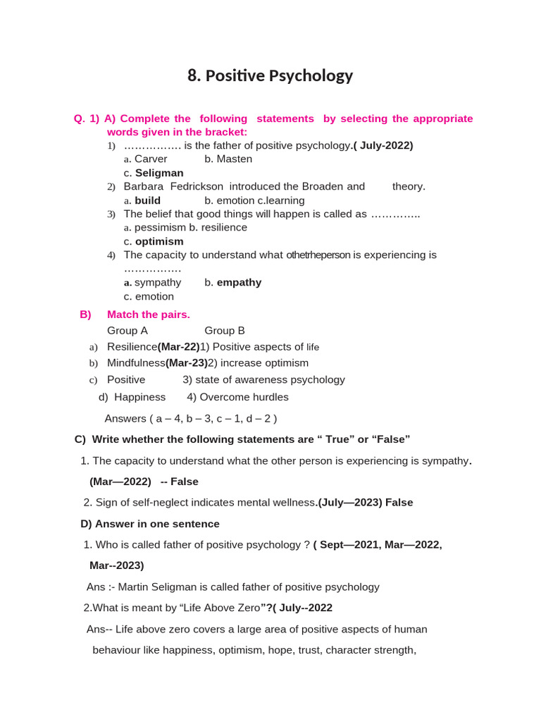 8 Positive Psychology Questions and Answers | PDF | Psychological ...