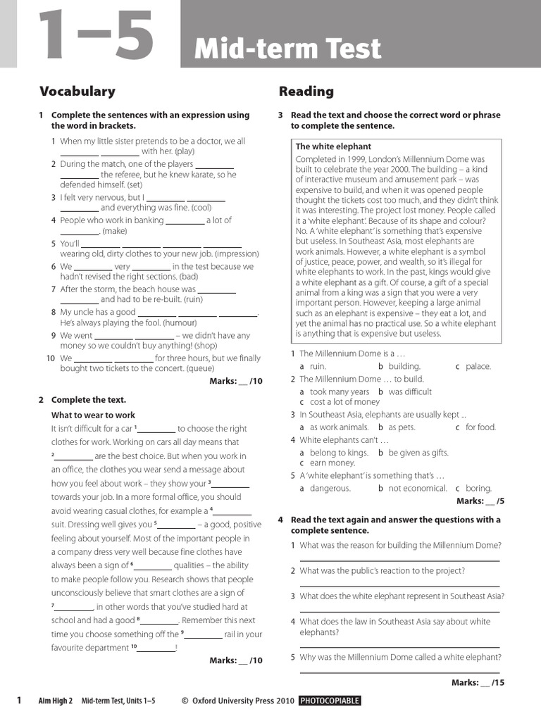 Aim High 2 Mid-Term Test-1 | PDF