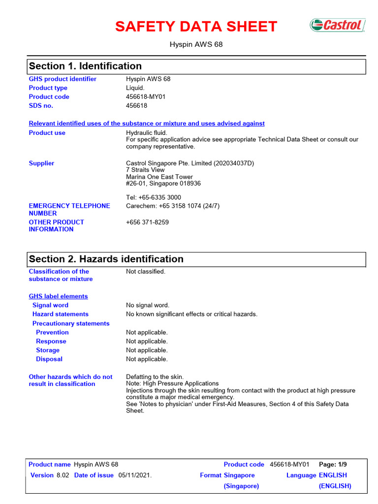 Castrol Hyspin AWS 68 Safety Data Sheet | PDF | Chemistry