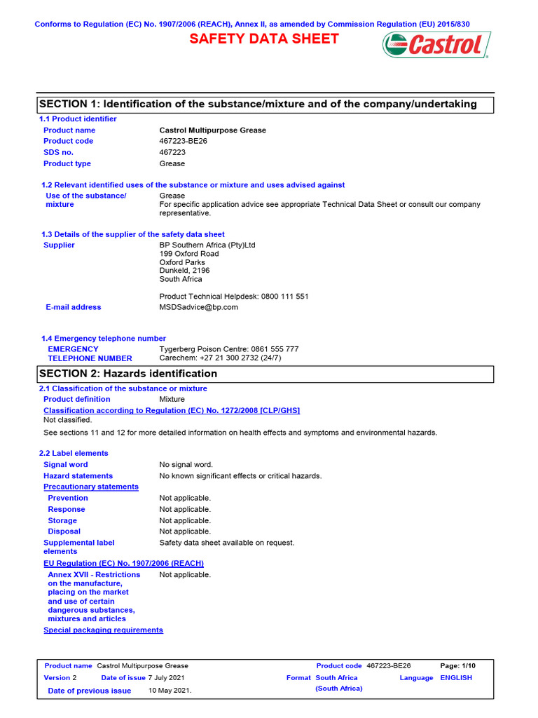 Castrol Multipurpose Grease Safety Data Sheet | PDF | Dangerous Goods ...