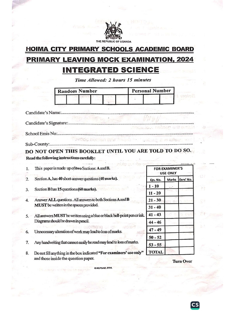 Hoima City Mock Science 2024 | PDF