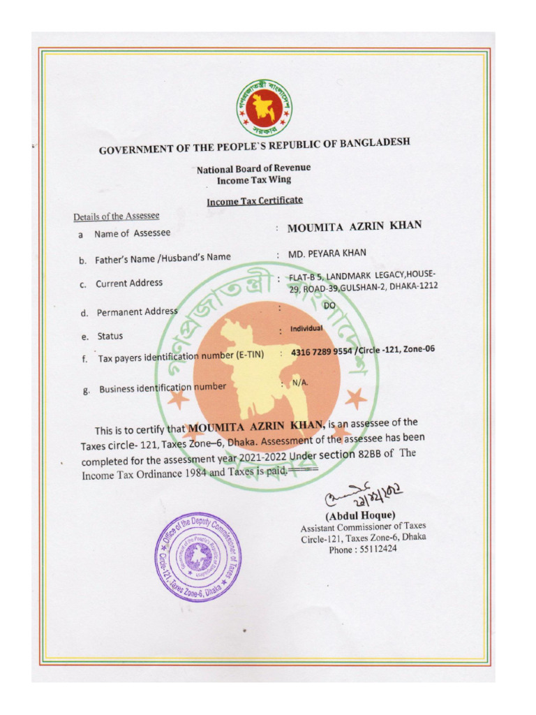 Moumita Azrin Khan Tax Clearance Certificate Scan On 10.01.2022 | PDF