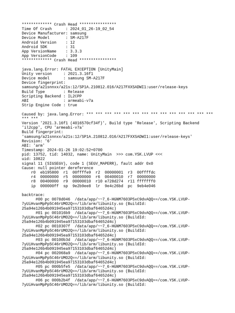 Unity App Crash Report | PDF | Software | Android (Operating System)