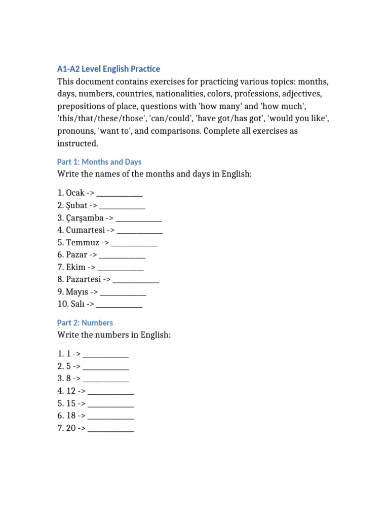 A1-A2 English Practice Exercises | PDF