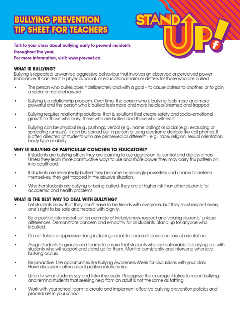 For Teachers - Bullying Prevention Tip Sheet | PDF | Bullying ...