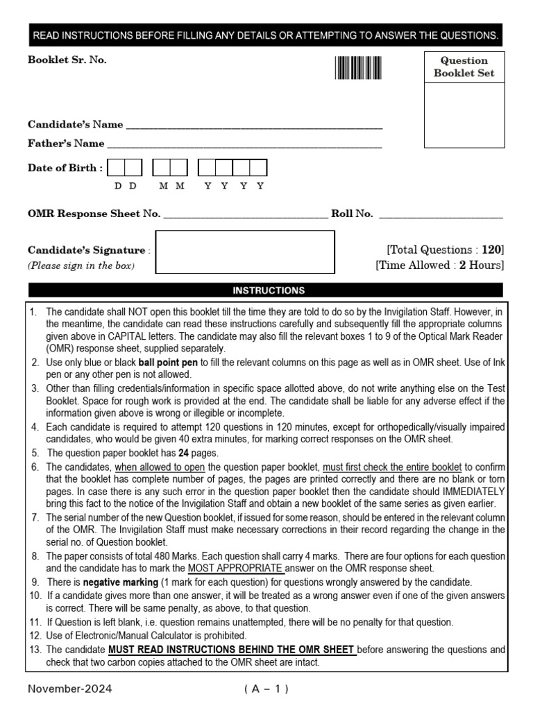 Candidate's Name Father's Name: Booklet Sr. No | PDF | Bending | Concrete