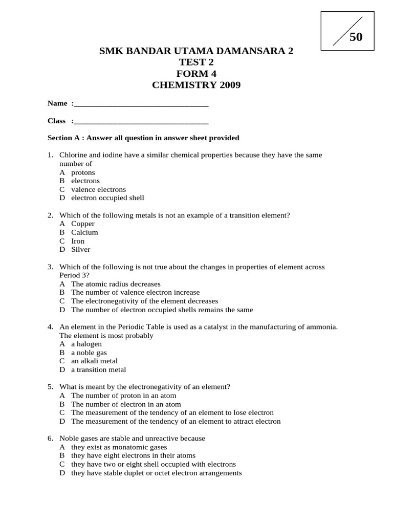 Form 4 Chemistry Exam Questions 2009 | PDF | Ion | Materials