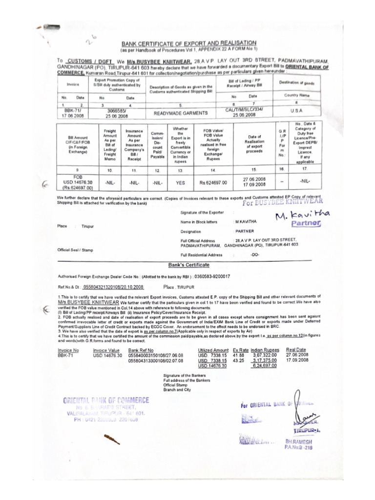 Bank Certificate of Export and Realisation | PDF