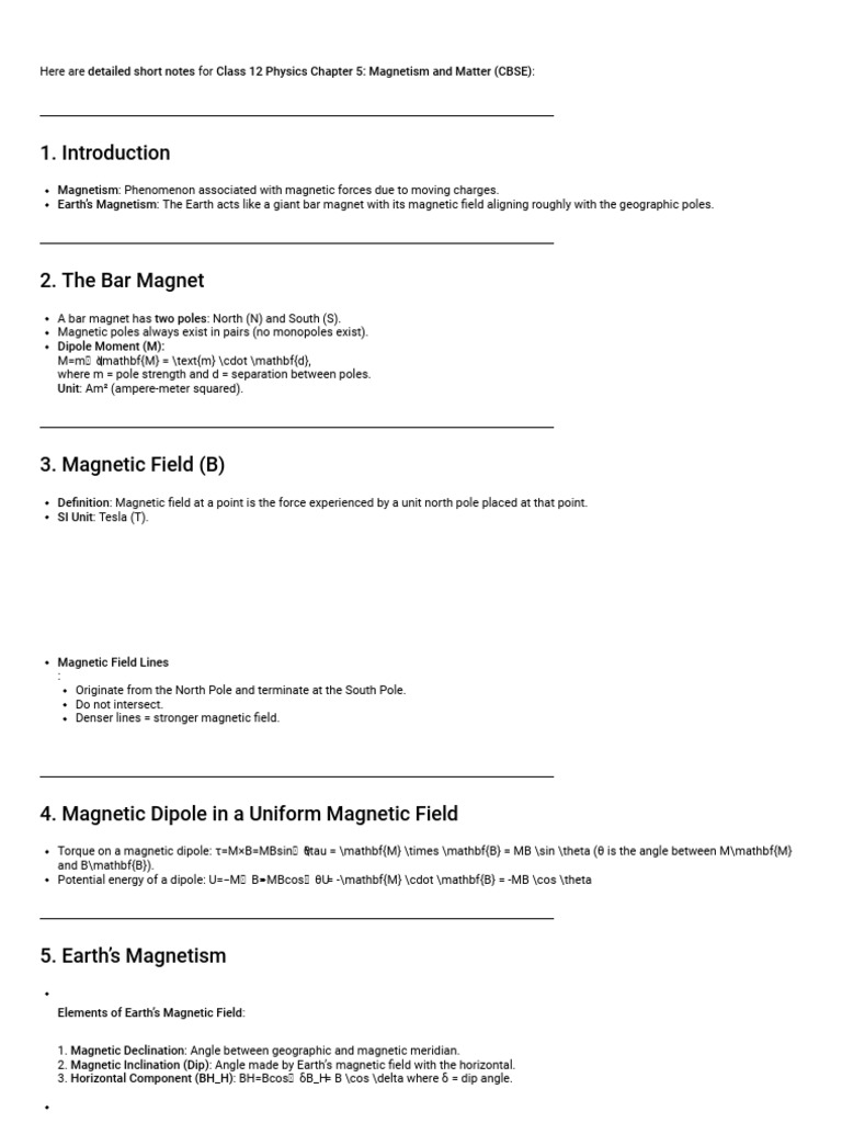 Class 12 Short Notes Physics Chapter 5b | PDF | Magnetism | Magnetic Field