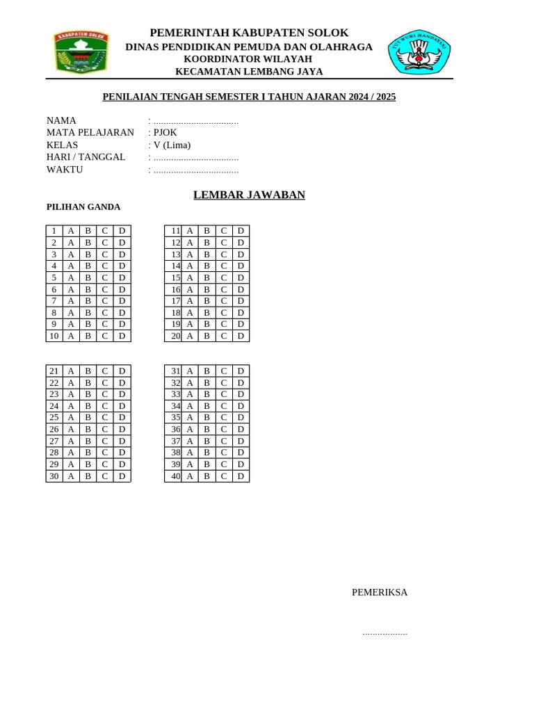 LJK Dan Kunci Jawaban Pts Pjok k5 s1 2425 | PDF