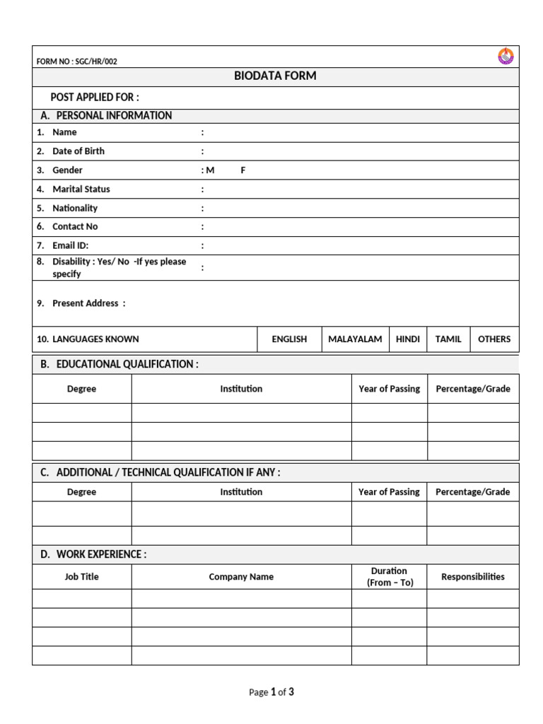 FORM 002 - Interview Biodata Form - ENGLISH | PDF | Career & Growth