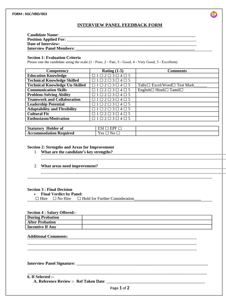 Form 003 - Interview Panel Feedback Form 003 | PDF | Applied Psychology ...