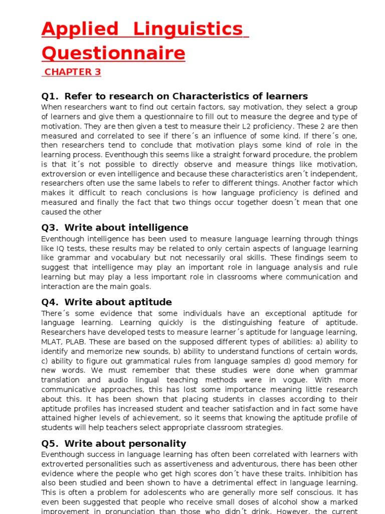 Applied Linguistics Questionnaire | Second Language | Language Acquisition