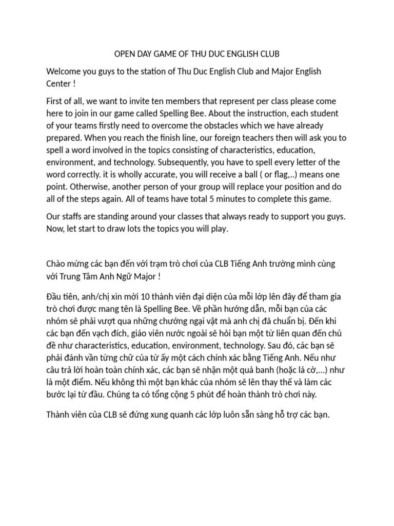 Open Day Game of Thu Duc English Club 2 | PDF