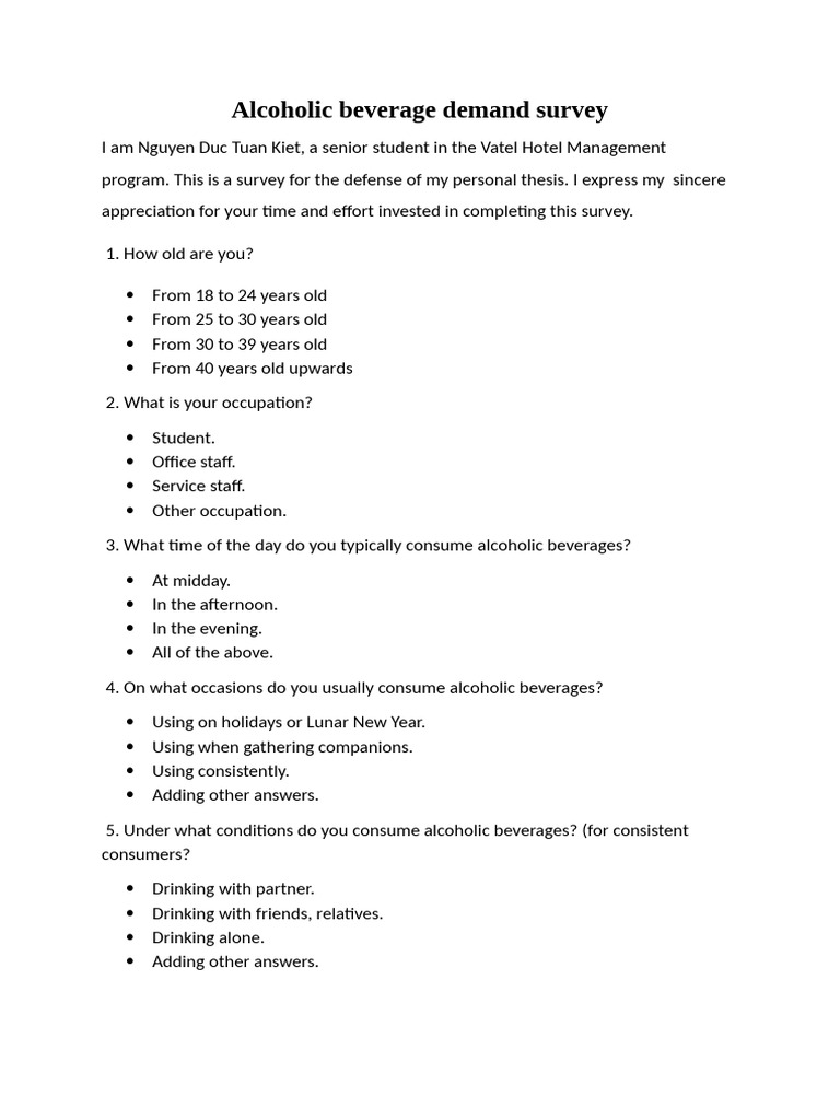 Alcoholic Beverage Demand Survey | PDF | Restaurants | Drink