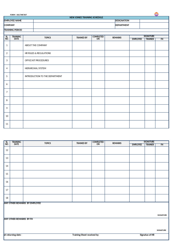 Form 007 - Employee Training Schedule | PDF