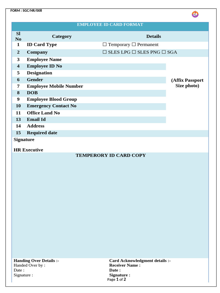 Form 008 - Employee Id Card Format | PDF