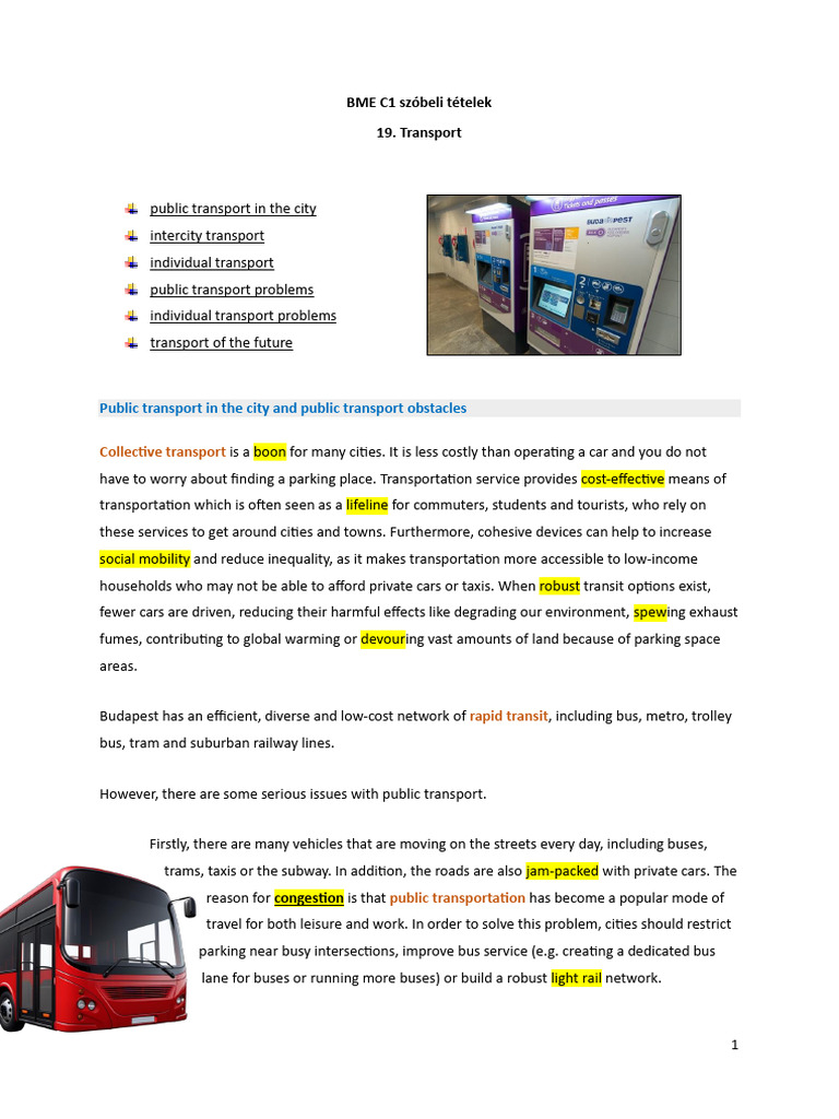 Tétel BME C1 - Public Transport and Transport PDF | PDF | Public Transport | Transport