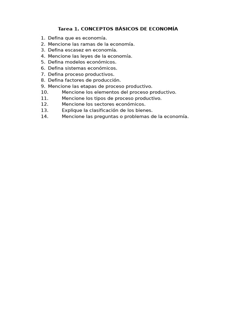 Tarea 1 INVESTIGACIÃ N, Conceptos Bã¡sicos de Economã A | PDF