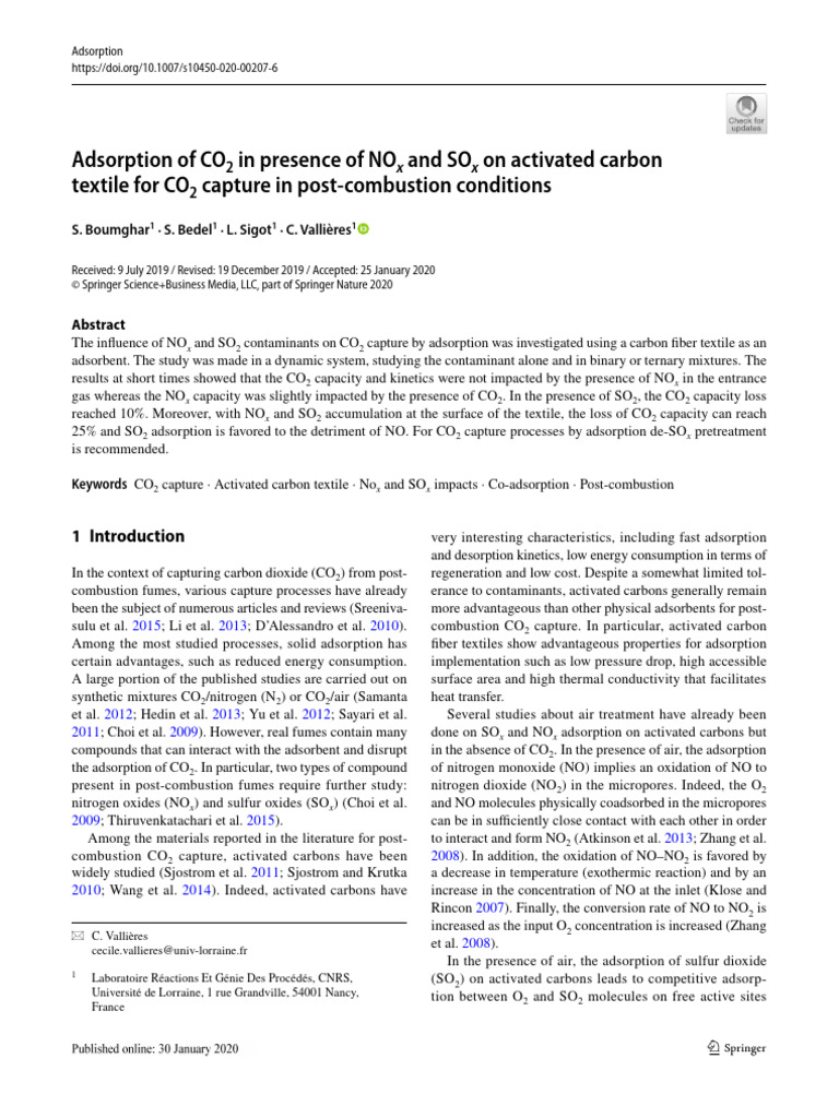 Adsorption of CO2 in Presence of NOx and SOx On Activated Carbon Textile For CO2 Capture in Post ...