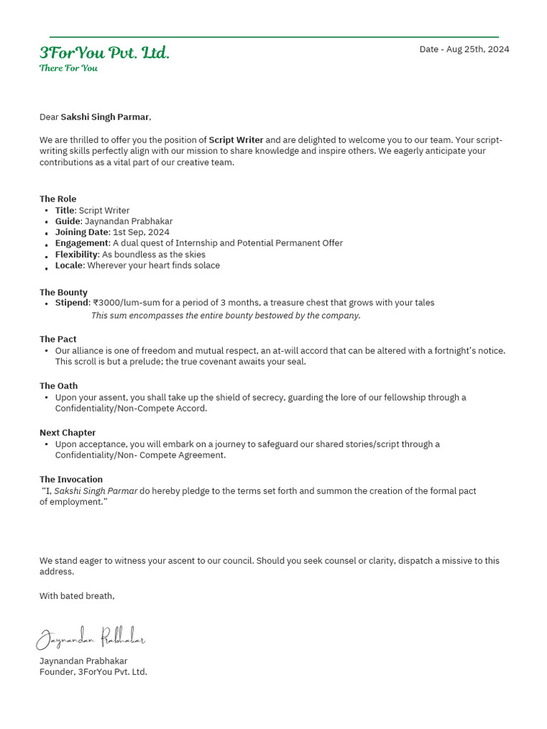 Script Writer Offer Letter - 3ForYou Pvt. Ltd. | PDF | Career & Growth ...
