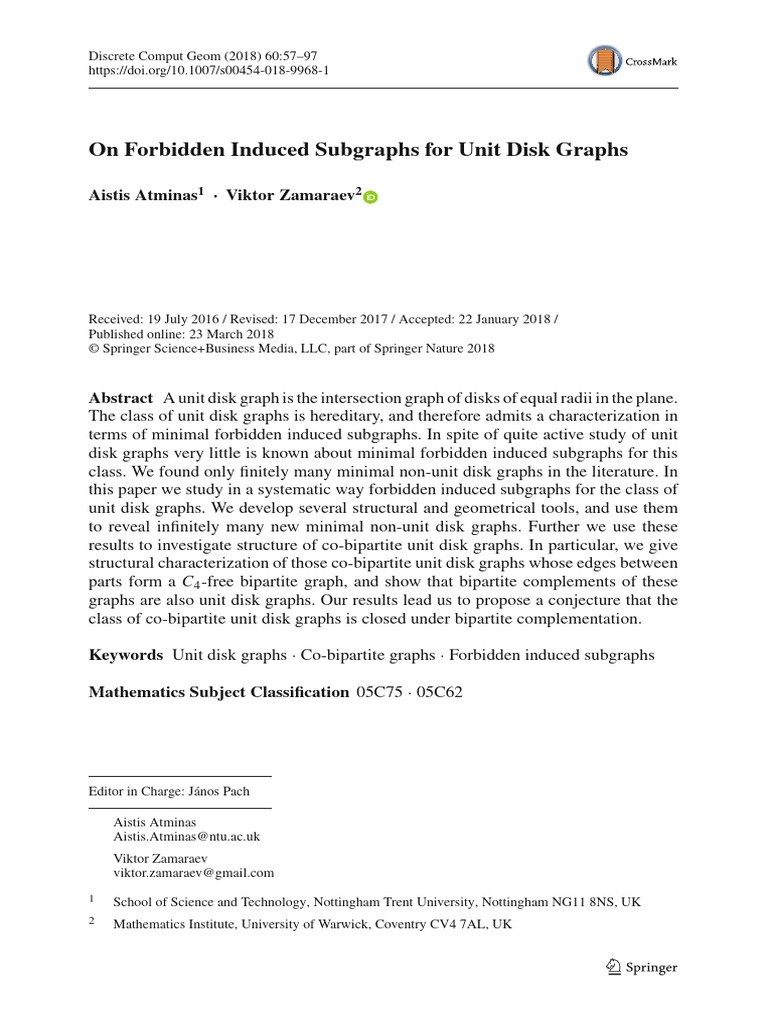 On Forbidden Induced Subgraphs For Unit Disk Graphs: Aistis Atminas Viktor Zamaraev | PDF ...