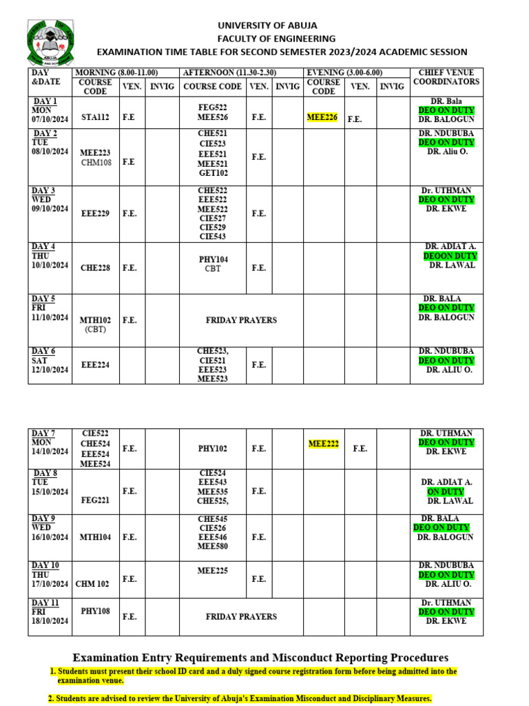 2ND SEMESTER EXAMINTION TIME TABLE 2024 Student Version | PDF