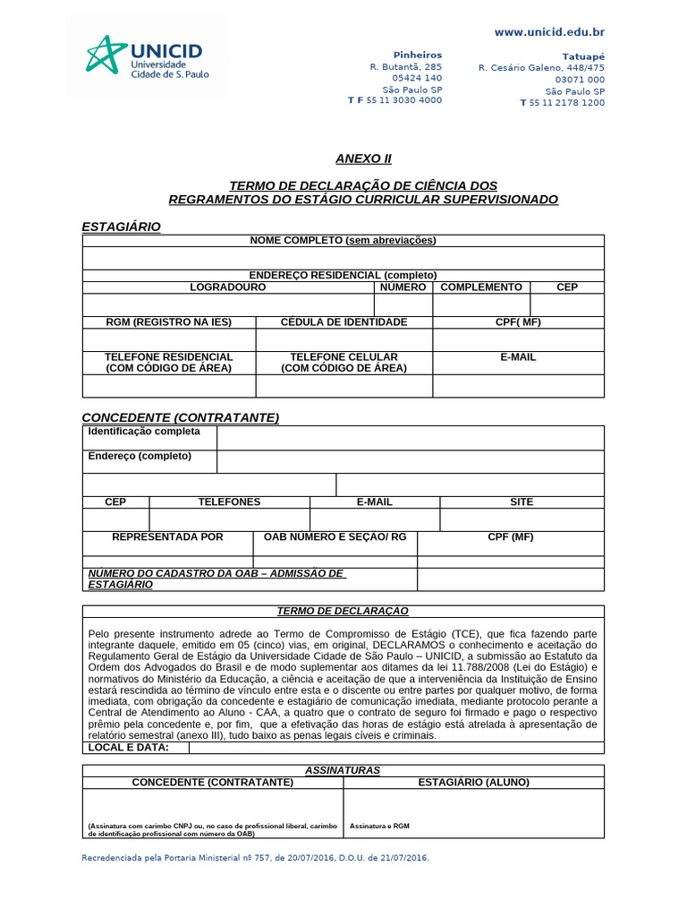 Unicid - Anexo Ii - Declaração Que Acompanha o Tce - 2020-1 - Def 1 ...