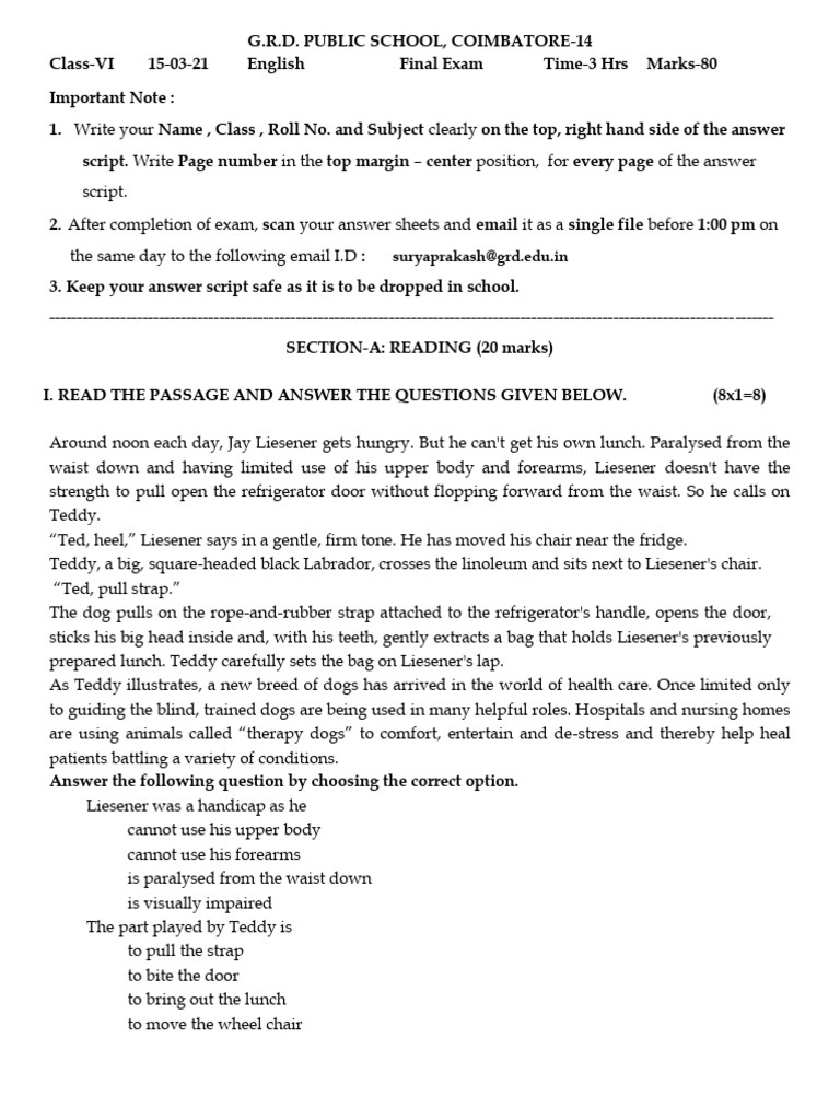 6 STD - English - 2021 - Final Exam - QP - Final | PDF | Language Arts ...