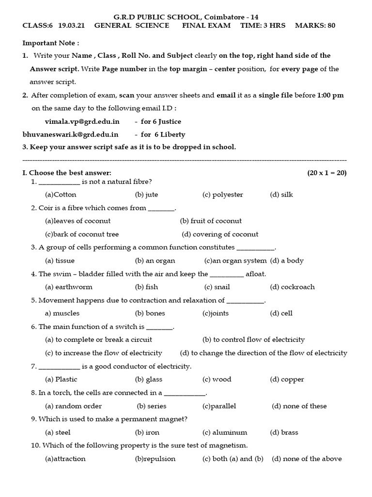 6 STD - Science - 2021 - Final Exam - QP - Final | PDF | Water | Magnet