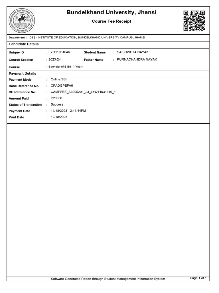 Course Fee Payment Receipt | PDF