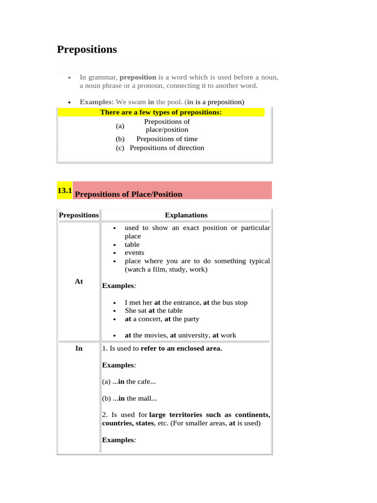 Prepositions | PDF | Preposition And Postposition | Noun