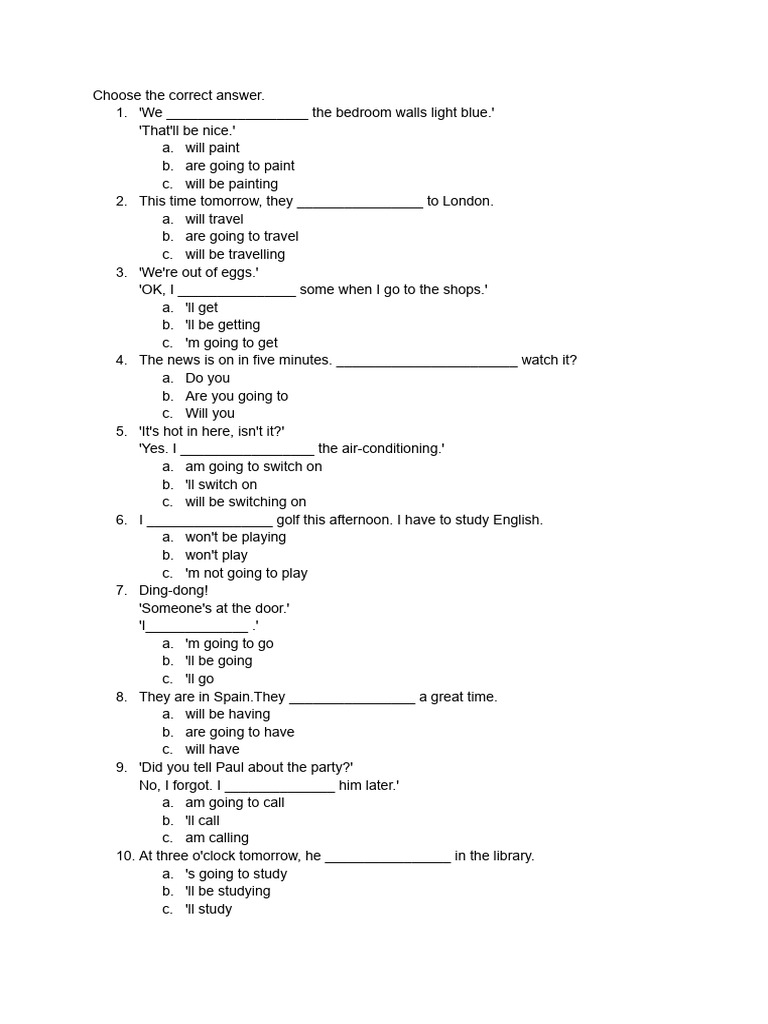 Homework - Future Simple - Future Continuous - Be Going To | PDF ...