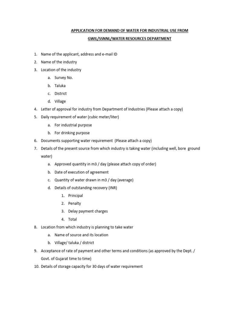Common Form For Application For Water Connection For Industrial Purpose ...