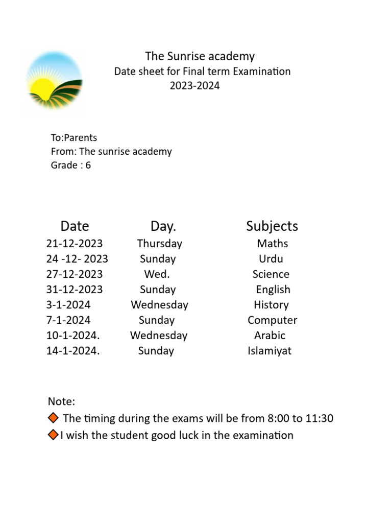Grade 6 Exam Schedule 2023-2024 | PDF