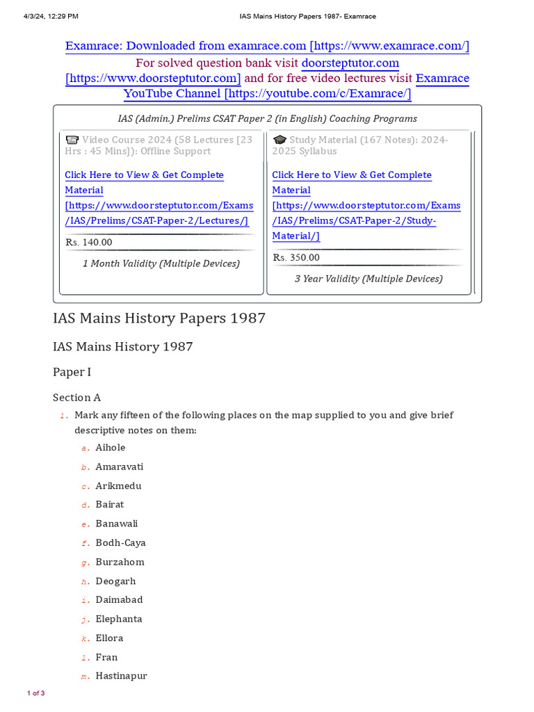 IAS Mains History Papers 1987 Overview | PDF | Politics | Travel