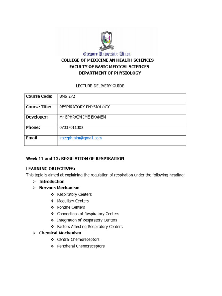 WEEK 11 and 12 BMS 272 RESPIRATORY PHYSIOLOGY | PDF | Physiology