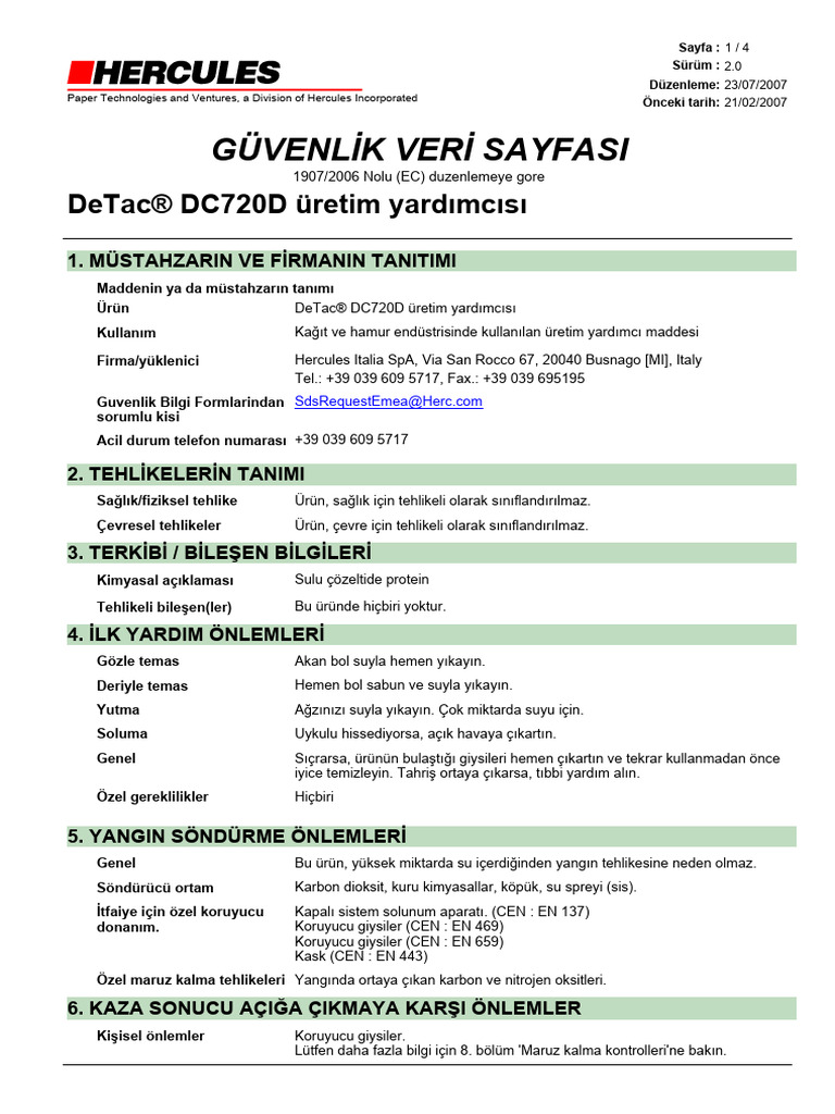 DETAC 720 D MSDS TURK. - Kopya | PDF