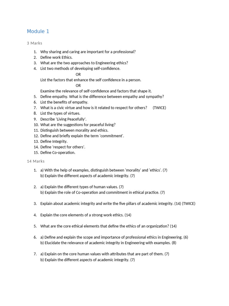 Ethics Module 1 and 2 PYQs | PDF | Inquiry | Morality