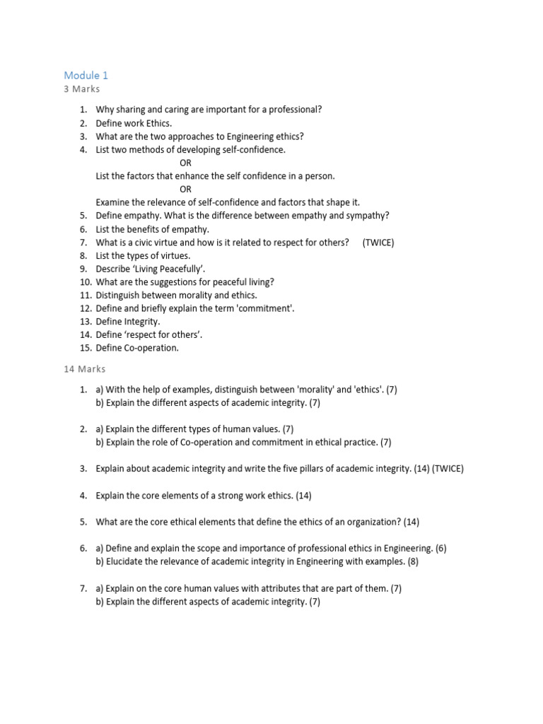 Ethics Module 1 PYQs | PDF | Integrity | Morality