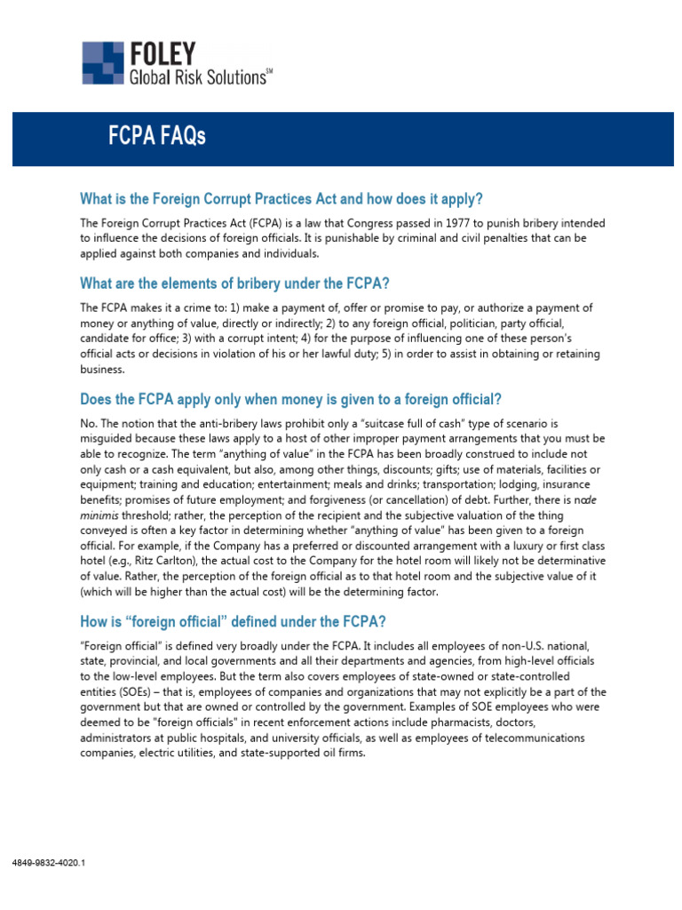 FCPA FAQs - Foley & Lardner LLP | PDF | Bribery | Gift
