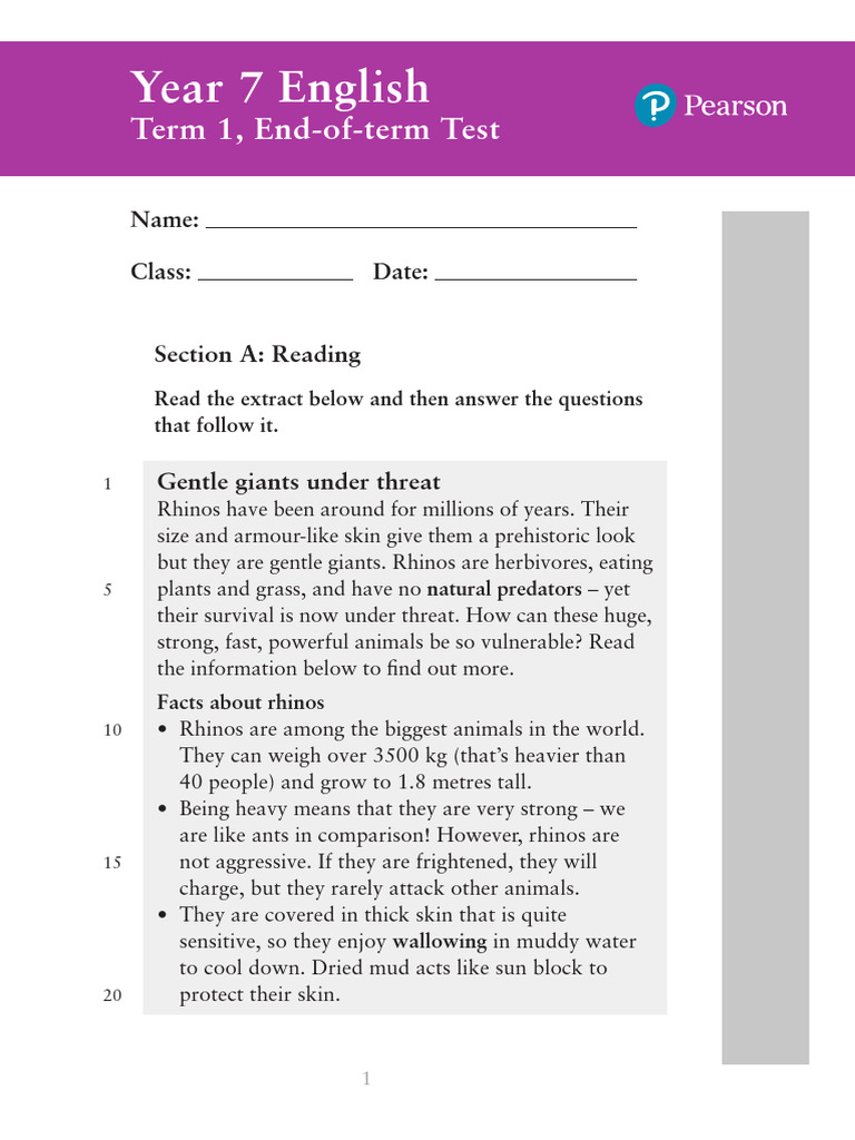 iLS - English - Y7 - T1 - Endoftermtest - Set 3 | PDF | Rhinoceros ...
