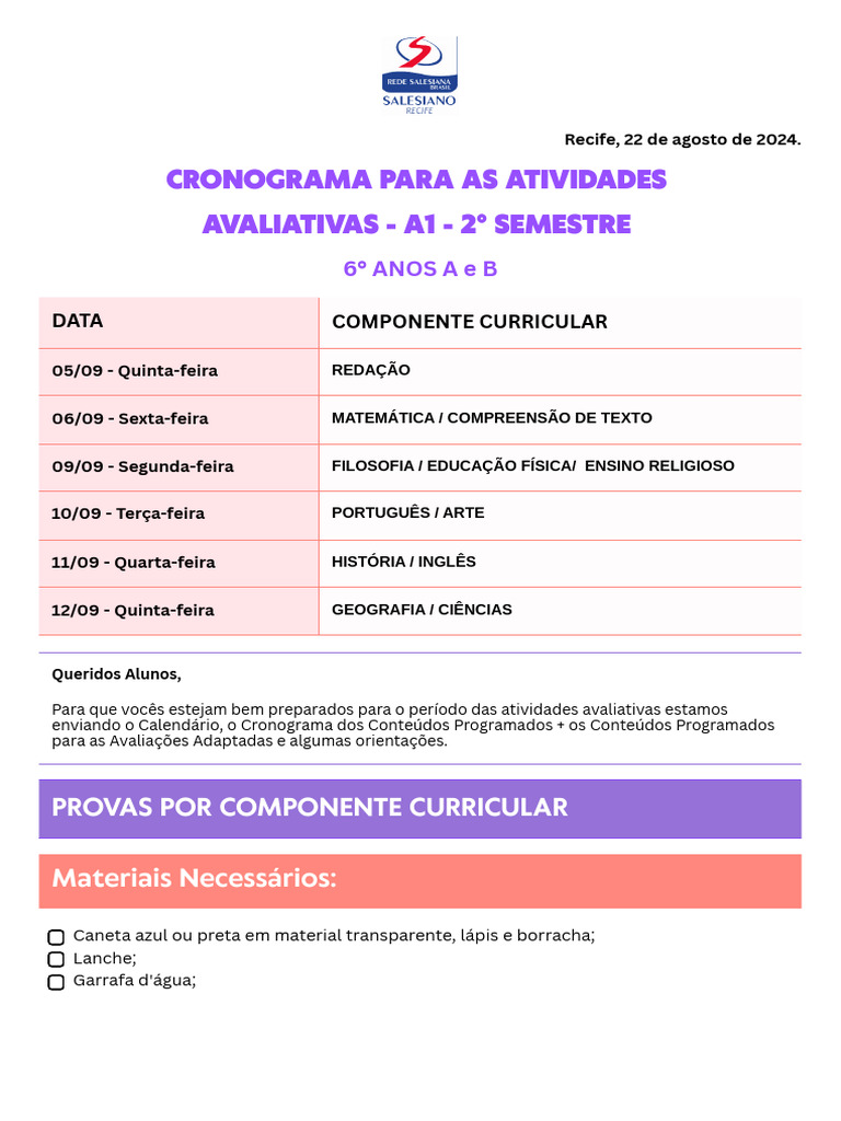 Cronograma - Provas A1 - 2º Semestre - 6° Anos | PDF | Assunto (gramática)