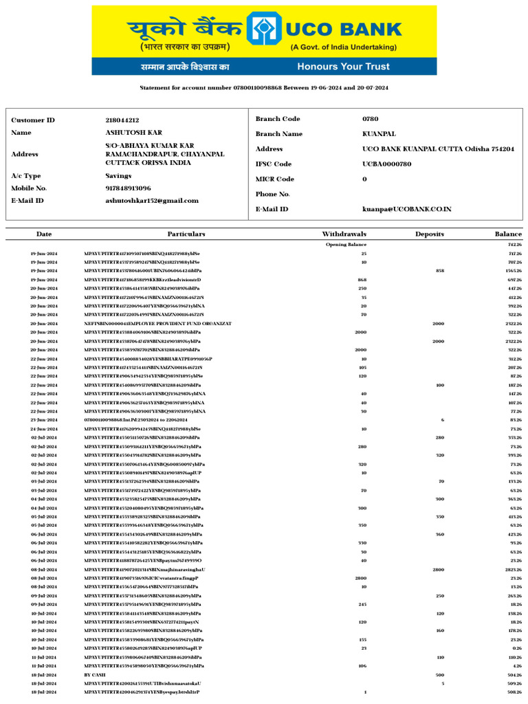 UCO Bank Statement: June-July 2024 | PDF | Banking