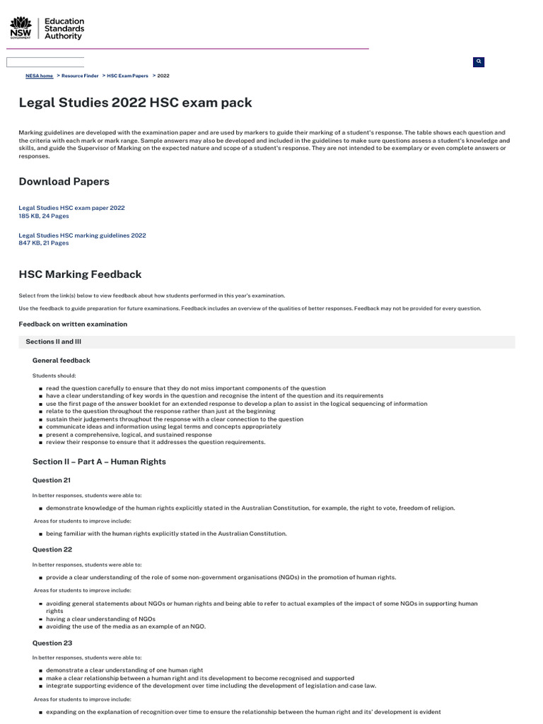 2022 HSC Legal Studies Exam Insights | PDF | Judgment (Law) | Human Rights