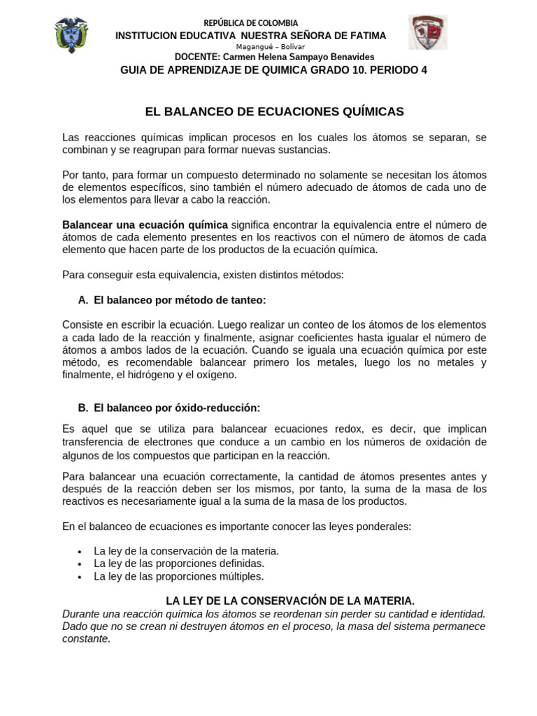 El Balanceo de Ecuaciones Químicas | PDF | Estequiometría | Redox