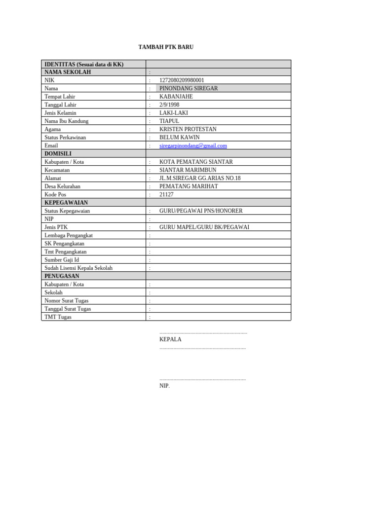 Format Tambah PTK Baru 2021 | PDF