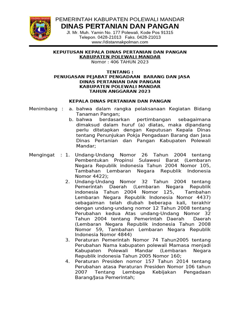 SK Penunjukan Pejabat Pegadaan ULP 2023 (ULFA) | PDF