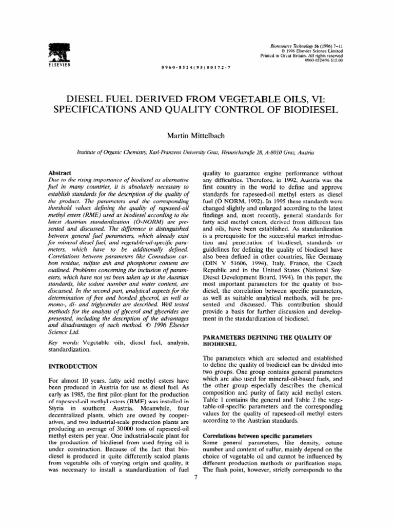 Diesel Fuel Derived From Vegetable Oils VI Specifications and Quality Control of Biodiesel ...