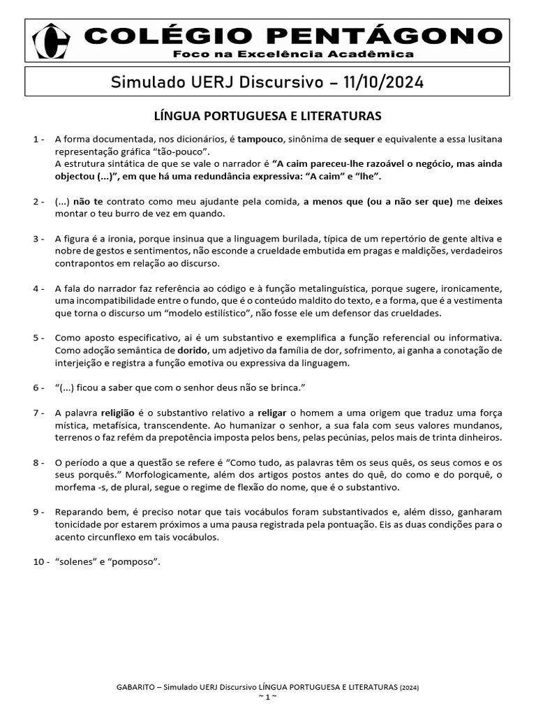 Simulado MODELO Exame Discursivo UERJ - LÍNGUA PORTUGUESA E LITERATURAS GABARITO | PDF | Palavra ...